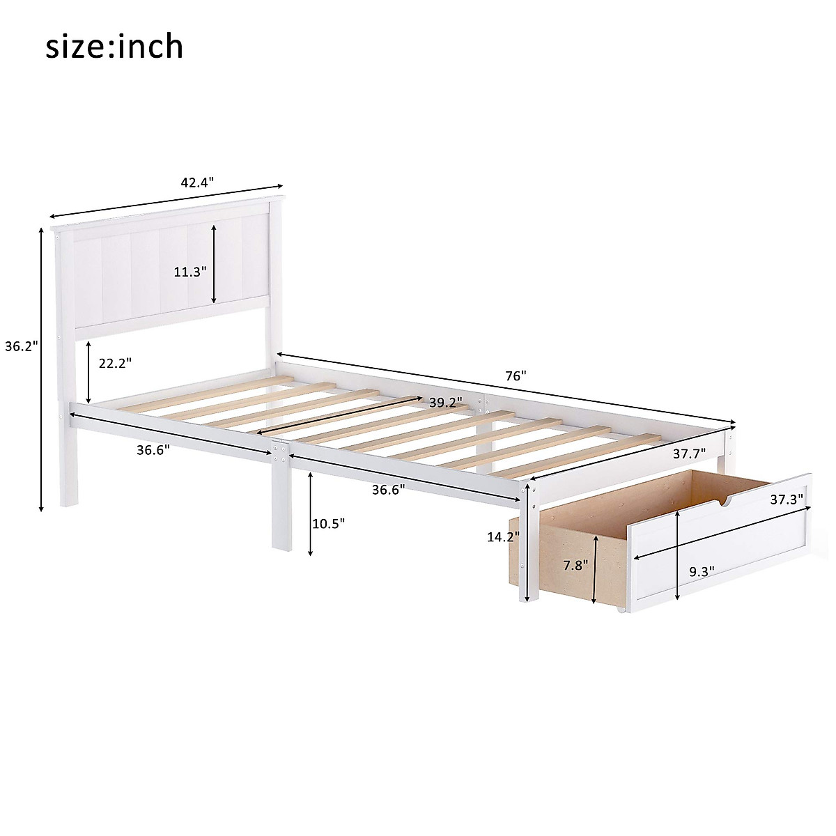 Merax Twin Bed Frames, Wood Twin Platform Bed Frame with Storage Drawer, Twin Kids Bed with Headboard for Girls Boys, No Box Spring Needed,White