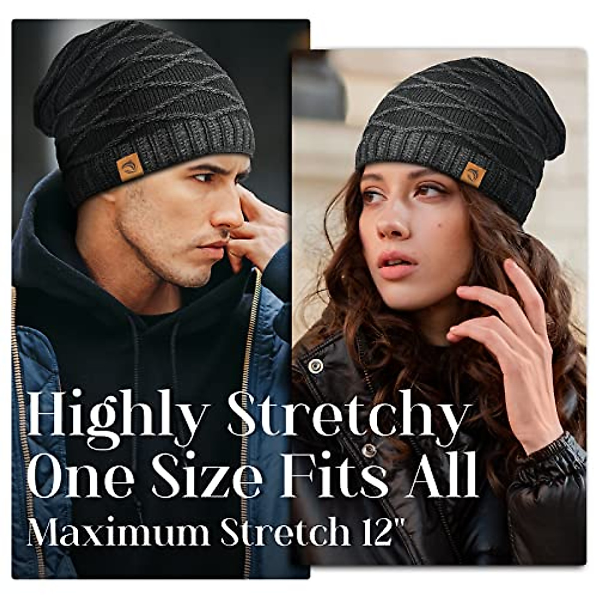 URECOVER Winter Beanie Hats for Men - Black Unisex Slouchy Knit Fleece Cap for Women, Toboggan Hat Christmas Stocking Stuffers Birthday Gifts for Men Women