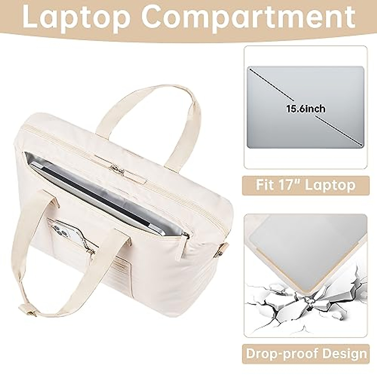 ETRONIK Laptop Tote Bag for Women, 15.6 inch Computer Bag Handbag with Storage Bag, Large Lightweight Travel Tote Bag with Zipper, Carry on Bag for Travel, Work, Business, Office, Casual, Beige