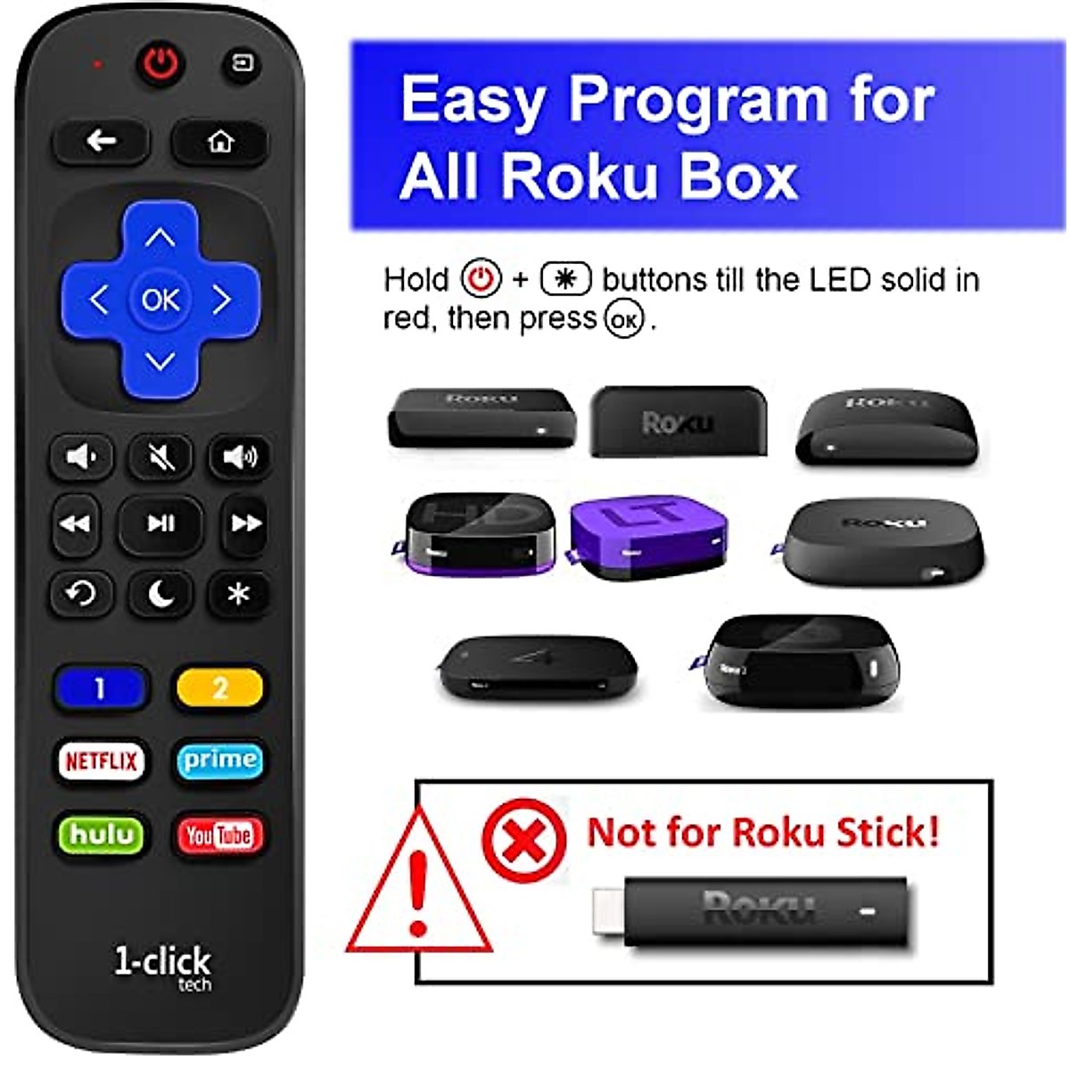 1-clicktech for Roku Remote 2-in-1 for Roku-TV and Roku Box, Compatible for TCL Hisense ONN Sanyo Sharp Hitachi Element Insignia LG Magnavox Roku TV, w/ 12 Opt. Channels [NOT for Stick]