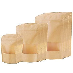 Kingrol 150 Count Kraft Paper Bags with Resealable Lock Seal Zipper &Transparent Window, Stand Up Food Bags, 3 Size - 3.5 x 5.5 Inch/5.5 x 8 Inch/7 x 10.25 Inch