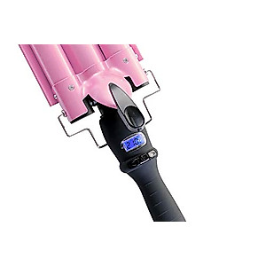 Alure Three Barrel Curling Iron Wand with LCD Temperature Display - 1 Inch Ceramic Tourmaline Triple Barrels, Dual Voltage Crimp (Pink)