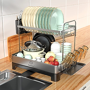 Genteen Dish Drying Rack, 2 Tier Large Dish Drying Rack with Drainboard 304 Stainless Steel Dish Rack for Kitchen Counter with Swivel Spout, Utensil Holder, Cup Rack