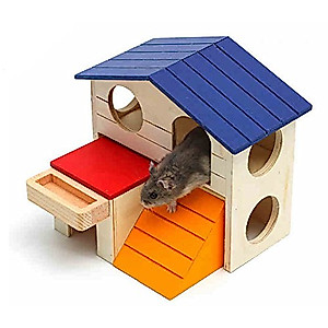 Hamiledyi Pet Small Animal Hideout Hamster House Deluxe Two Layers Wooden Hut Play Toys Chews