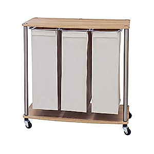 Household Essentials 7050-1 3 Bag Cart | Light Brown Triple Laundry Sorter with Folding Table, Walnut