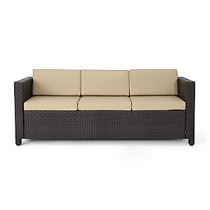 Christopher Knight Home Puerta Outdoor Wicker 3-Seater Sofa, Dark Brown / Beige Cushion
