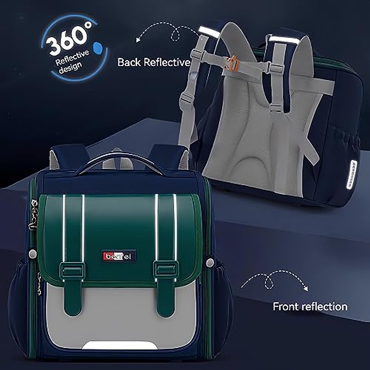 KEBEIXUAN Backpack for Boys Stylish Foldable Kids Backpack Reflective Bookbag for Boys Elementary School 5-8 Years Old (green)