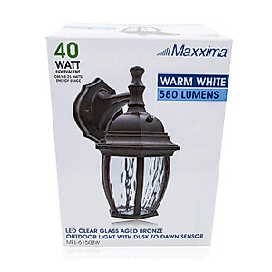 Maxxima LED Outdoor Wall Light - Features Clear Water Glass, 3000K Warm White, 580 Lumens, Dusk to Dawn Photocell Light Sensor, Patio or Porch Sconce Fixture, Ideal for Exterior Decor Lighting - Brown