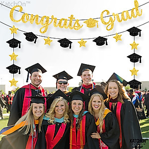 KatchOn, Glitter Gold and Black Congrats Grad Banner - 10 Feet | Gold and Black Graduation Banner, Cap Garland for Graduation Decorations Class of 2024 | Gold and Black Graduation Decorations 2024
