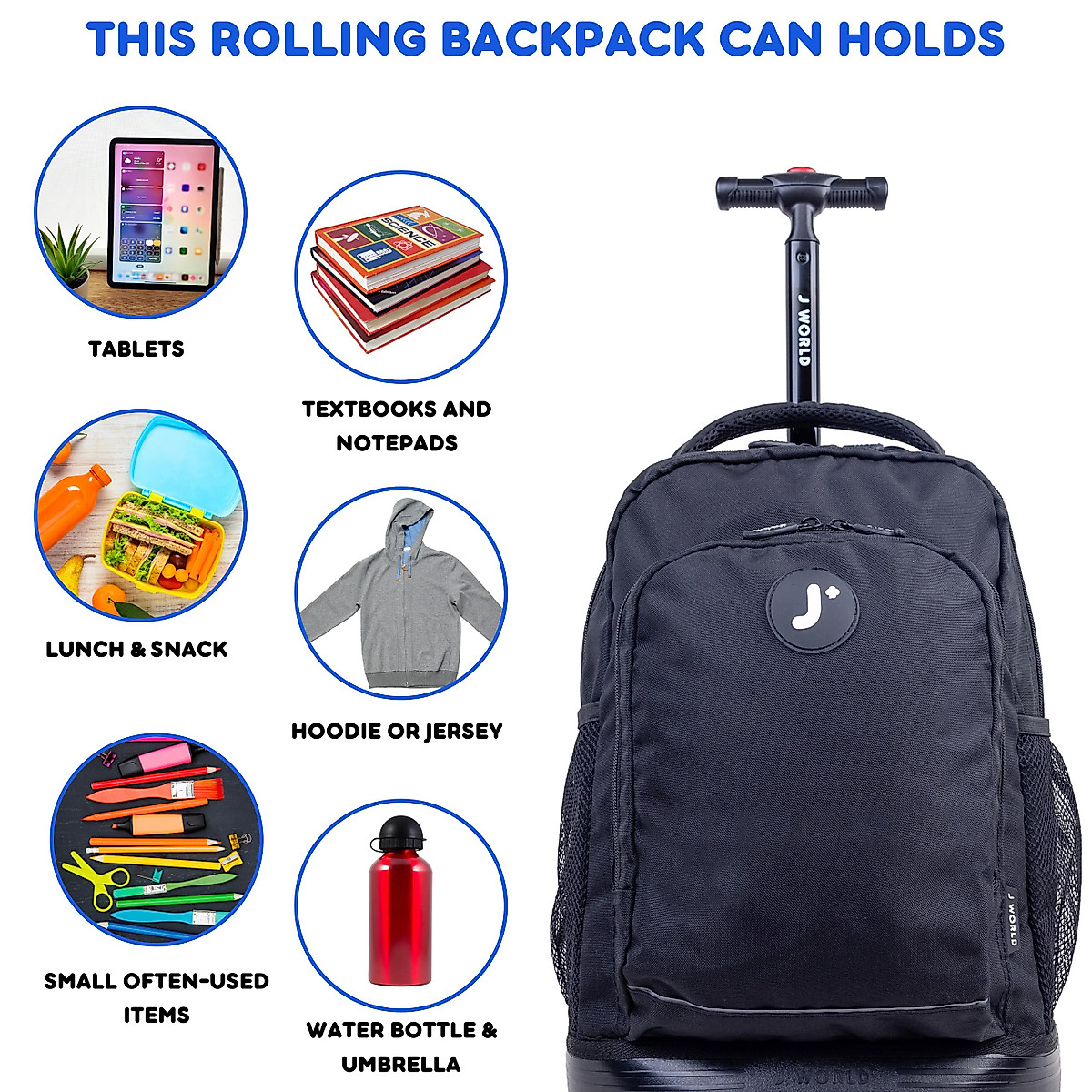 J World New York Sunny Rolling Backpack for Kids and Adults, Black, One Size