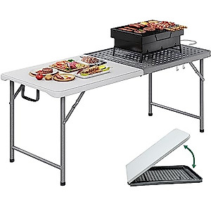 YITAHOME 6Ft Metal Folding Table for Grill Portable 2-in-1 Design Folding Grill Table with Mesh Desktop for Camping Cooking BBQ Picnic, White