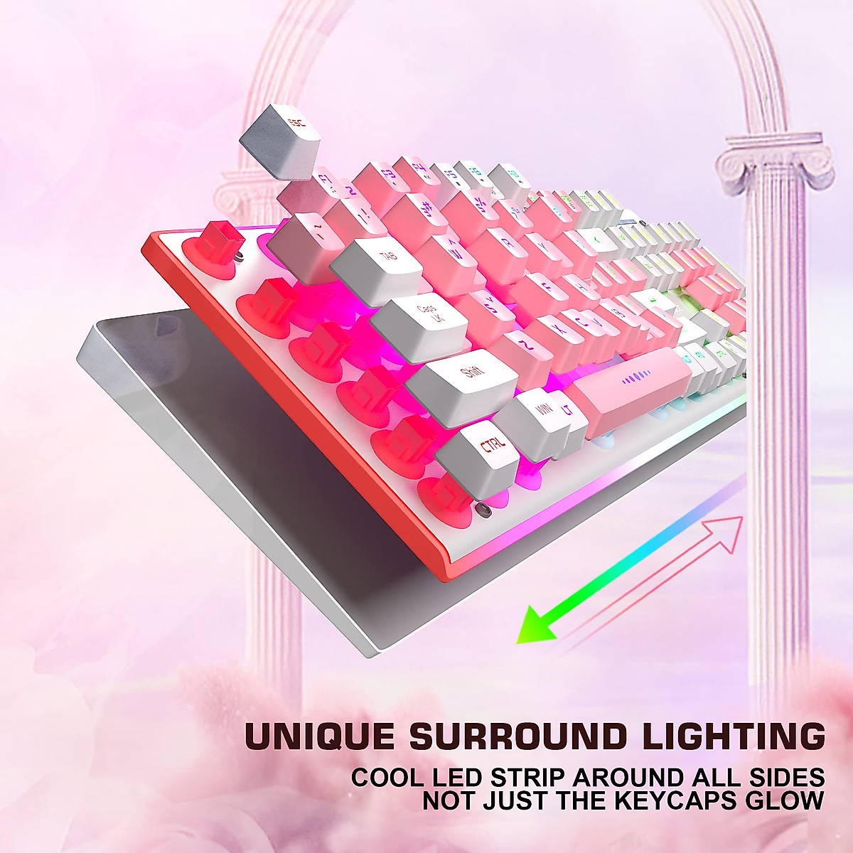 MageGee Wireless Gaming Keyboard, Rechargeable RGB LED Backlit Quiet Keyboard with Sidelight & Metal Panel, V510 2.4G Wireless Ergonomic Waterproof Office Keyboard, White and Pink