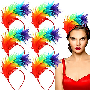 Yunlly 6 Pcs Mardi Gras Fascinator Feather Headband 1920 Feather Headband Hat Parrot Headband Party Costume Women Accessories(Rainbow)