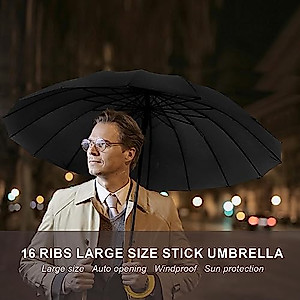 MRTLLOA 52 Inch Windproof Large Umbrellas for Rain, 16 Ribs, J Wooden Handle, 210T High-density Fabric Golf Stick Umbrella(52 Inch, Black)