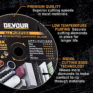 Devour 4.5" All Purpose Segmented Diamond Blade for Cutting Rebar, Cast Iron, Concrete, Pavers, Tile, Granite, Laminate, PVC & More, Made in USA, 7/8" Arbor & Comes with a 5/8" Reducer Ring