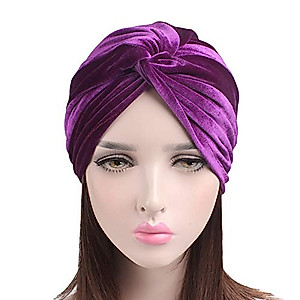 Fxhixiy Women's Stretch Velvet Twist Pleasted Hair Wrap Turban Hat Cancer Chemo Beanie Cap Headwear (Purple)