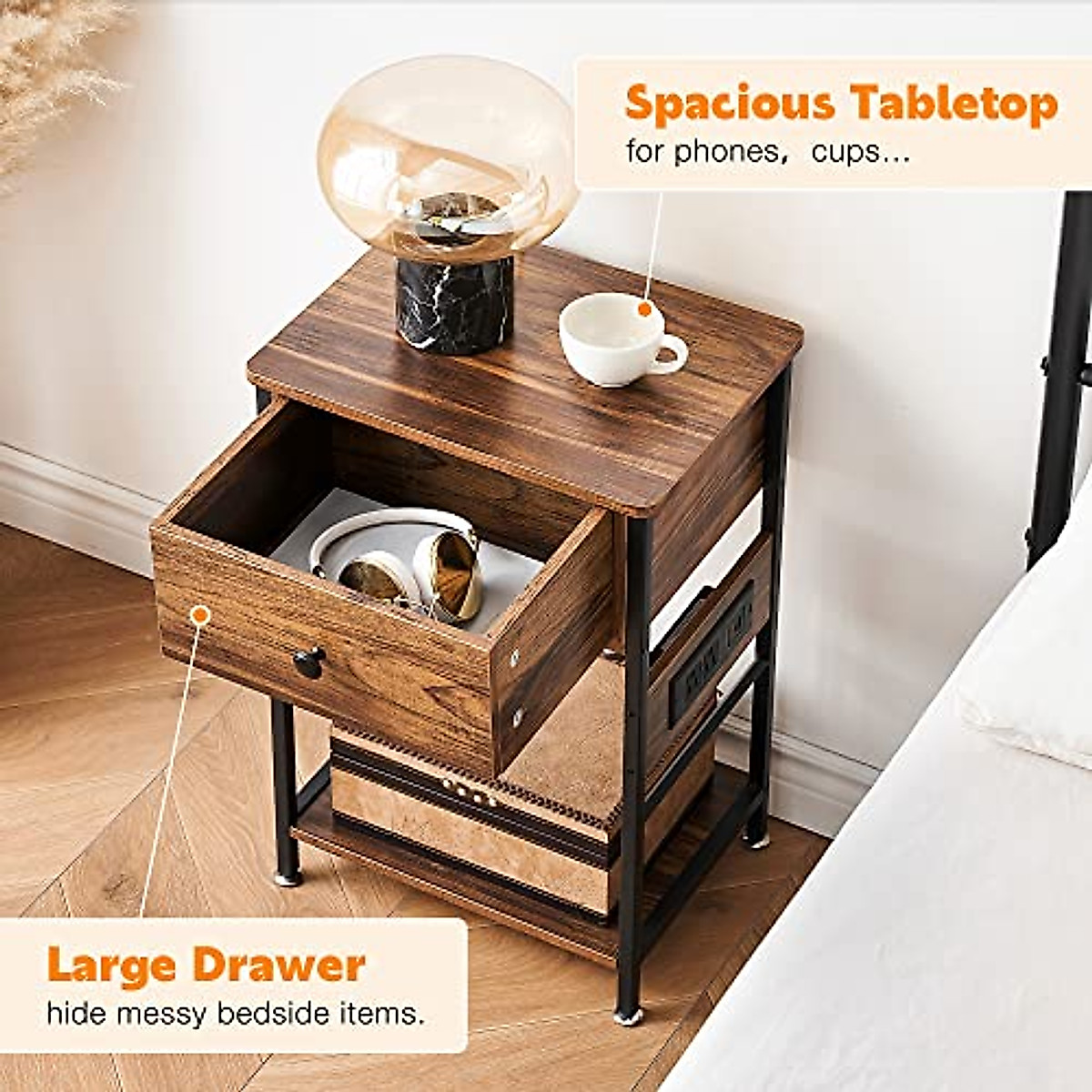 SunnyFurn Nightstand Set of 2,End Table with Charging Station,Side Table with Drawers and Storage,Beside Table for Living Room and Bedroom,Easy Assembly,Brown (Brown)