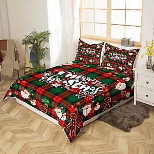 Christmas Duvet Cover Queen,Cartoon Santa Claus Snowman Bedding Set for Adult,Red Green Grid Checkered Comforter Cover,Snowman Snowflake Bells Quilt Cover with 2 Pillow Shams Bedroom Decor