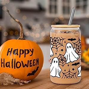 Lovearth 16oz Halloween Ghost Glass Tumbler, Spider Web Halloween Glass Cup with Lid and Straw, Cute Halloween Bats Cup, Spooky Gifts, Boo Basket Stuffers for Women, Gifts for Halloween Lovers