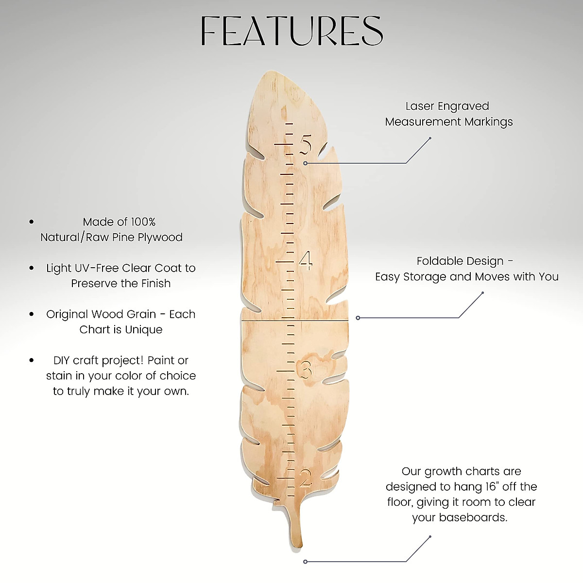 LittleRobbieCo. Wooden Growth Chart for Kids | Feather Design Height Chart for Kids | Natural Pine Laser Engraved Kids Growth Chart for Wall w/Mount | Foldable Kids Height Wall Chart