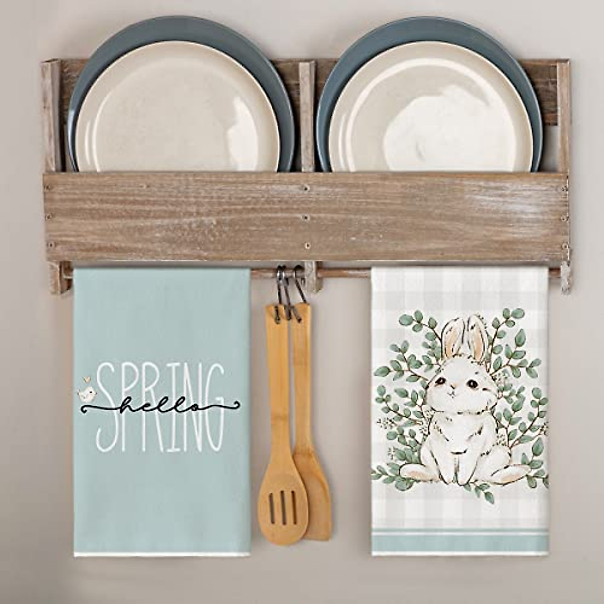 Artoid Mode Buffalo Plaid Bunny Rabbit Eucalyptus Leaves Happy Easter Kitchen Towels Dish Towels, 18x26 Inch Seasonal Spring Decoration Hand Towels Set of 4