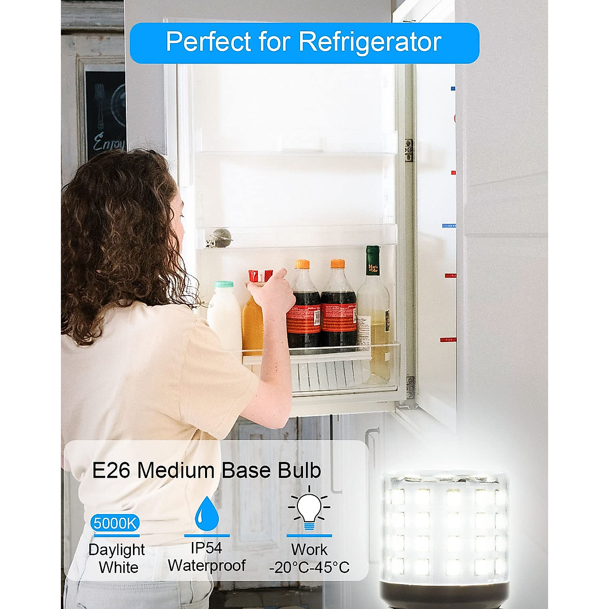 ZHENMING KEI D34L Refrigerator Bulb AC100-265V 3.5W Fridge Light Bulb Replacement, 4W LED Bulb E26 Medium Base Bright Lamp for 40W-60W Freezer Appliance Lighting, A15 Daylight White 5000K, 2 Pack