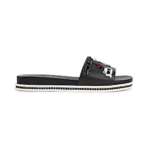 Karl Lagerfeld Paris Women's Jeslyn Effortlessly Fashionable Slide-On Shoes with Bold KLP Pins Flat Sandal, Black, 8