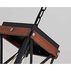 Fivess Lighting Rustic Farmhouse Pendant Light with Wood and Metal Cage, One-Light Adjustable Chains Industrial Mini Pendant Lighting Fixture for Kitchen Island Cafe Bar, Black