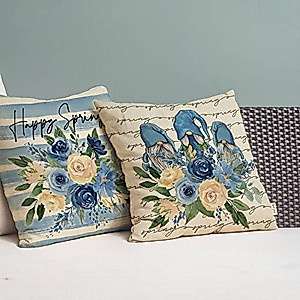 Fjfz Happy Spring Blue Flower Gnome Decorative Throw Pillow Cover 18 x 18 Set of 4, Floral Rose Buffalo Plaid Porch Patio Outdoor Home Decor, Bloom Stripes Bike Seasonal Farmhouse Couch Cushion Case