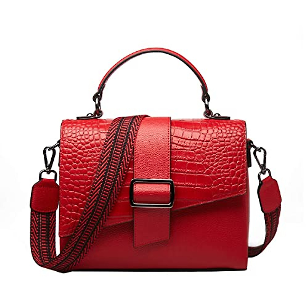 FOXER Small Crossbody Bags for Women, Genuine Leather Crocodile Skin Pattern Medium Size Ladies Top-handle Bags with 2 Shoulder Straps Womens Classic Small Satchel Purses and Handbags (Red)