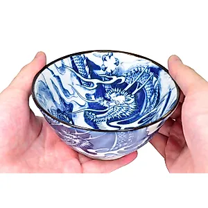 Mino Ware Japanese Rice Bowl, Rice Ramen Noodle Soup Sarada Pasta, Blue Dragon Design Chawn, 2.5 inch 8.8oz, Set of 2