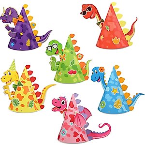 Outus 12 Pieces DIY Dinosaur Party Hats Birthday Party Cone Hats Craft Art Kit Make Your Own Dinosaur Paper Hats DIY Art Kit Home Project Group Activity Games for Boys Girls