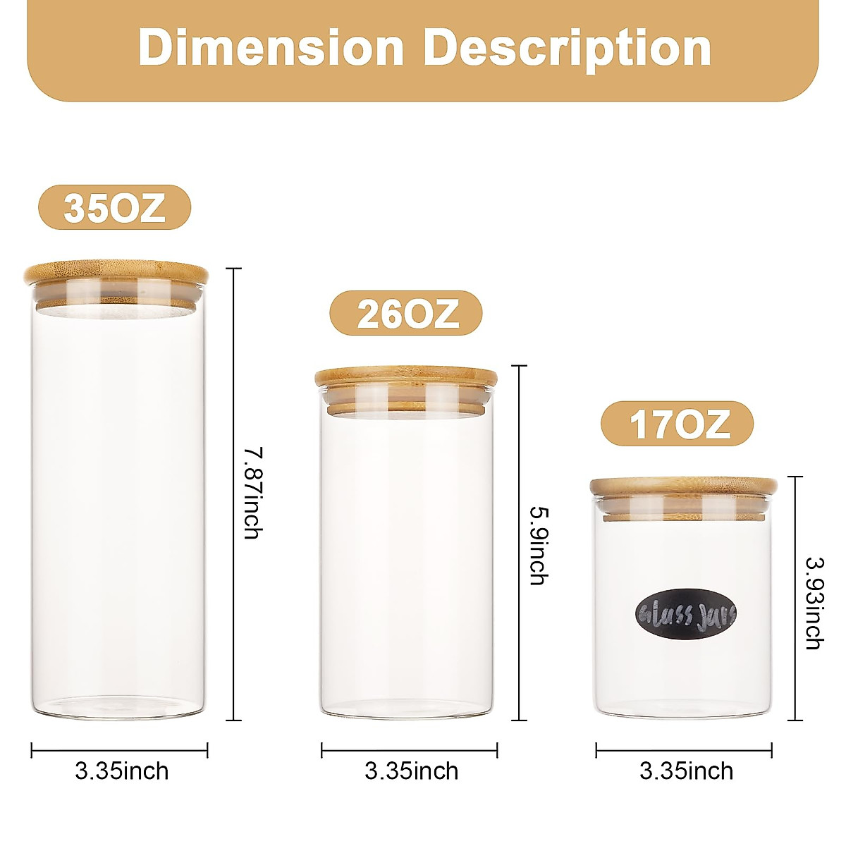 KIM&NUT 3pcs Glass Jars with Airtight Bamboo Lids, 2200 ml 74 oz Wide Mouth Clear Glass Food Storage Containers, Glass Kitchen Canisters with Labels