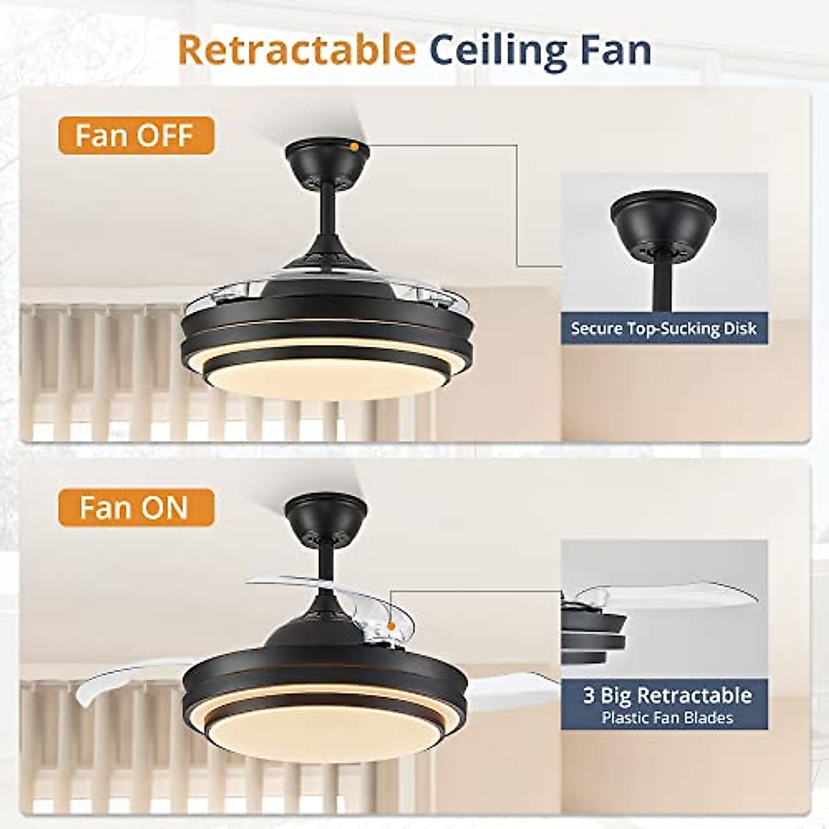 LEDIARY 42 Inch Retractable Ceiling Fans with Lights and Remote, Bladeless Ceiling Fans with LED Lighting, Smart Modern Ceiling Fan, Stepless Color Changeable, Dimmable, Timer Setting - Black