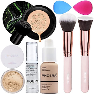PHOERA Foundation Full Coverage Makeup, Mushroom Head Air Cushion CC Cream Natural Foundation, PHOERA Primer, PHOERA Powder, Brushes Foundation Brush,2 Makeup Sponge(102Nude+ 02Natural CC)