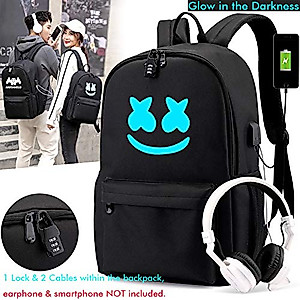 Mello Backpack Marshmallow Backpack Glow in Dark Smile Laptop Backpack for Boys w/USB Headphone Ports & Cables & Lock (M)