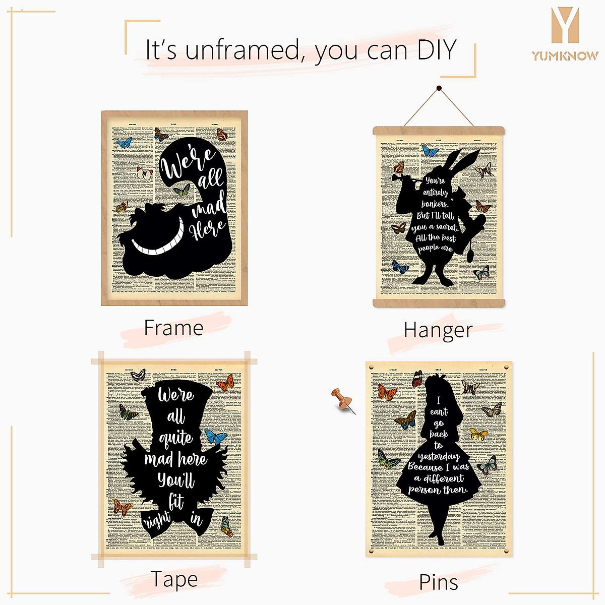 Alice in Wonderland Wall Art Decor - Cheshire Cat Mad Hatter White Rabbit - Alice Inspirational Saying Quote Poster Print - Motivational Wall Art for Alice Fans - Affirmation Gift for Women Teen Girl