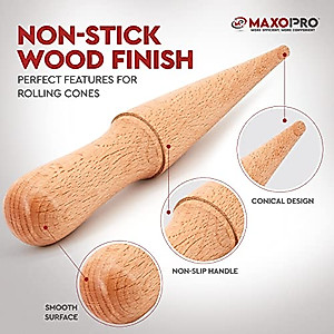 MaxoPro Ice Cream Waffle Cone Roller – 8.6 Inch Strong & Smooth krumkake cone roller - Wooden Pizzelle Cone Mold – Non-Slip Handle Waffle Cone Shaper Tool