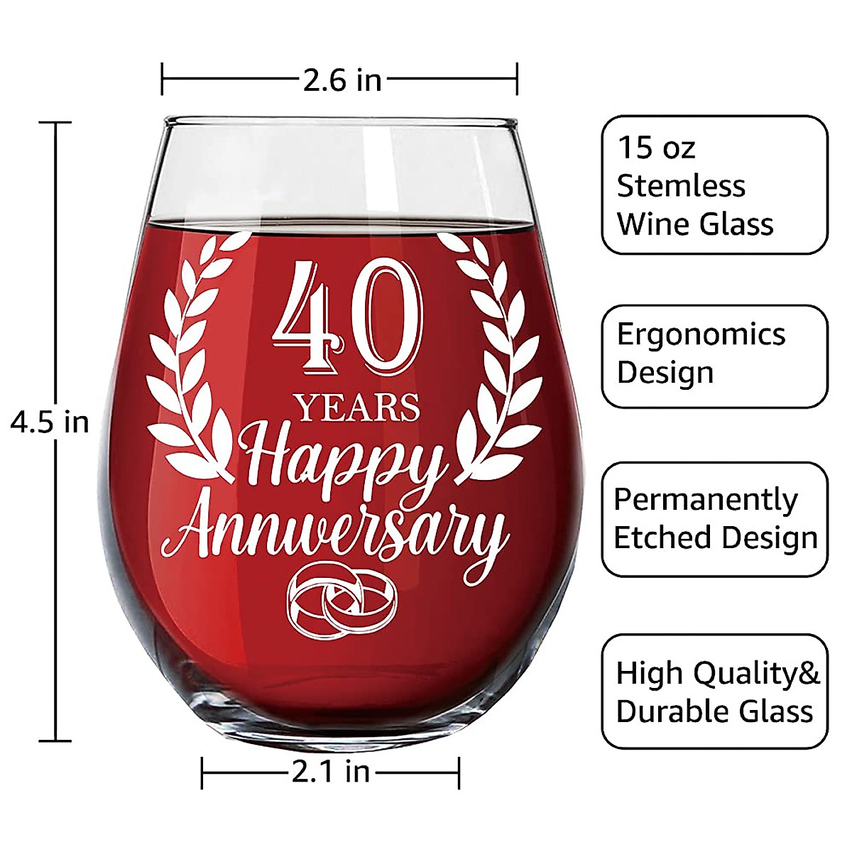 DYJYBMY Happy 40th Anniversary Funny Wine Glass 40th Anniversary Birthday Gifts Ideas for Women Mom Dad Husband Wife 40th Birthday Party Wedding Anniversary Party Favorite Couples Gift