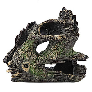 Tiiyee Aquarium Hollow Tree Trunk Ornament, Fish Decor with Moss Artificial Driftwood Polyresin Hideout Decoration Ornament for Fish Tank and Landscape Resin Log Hideaway(ST 004C)