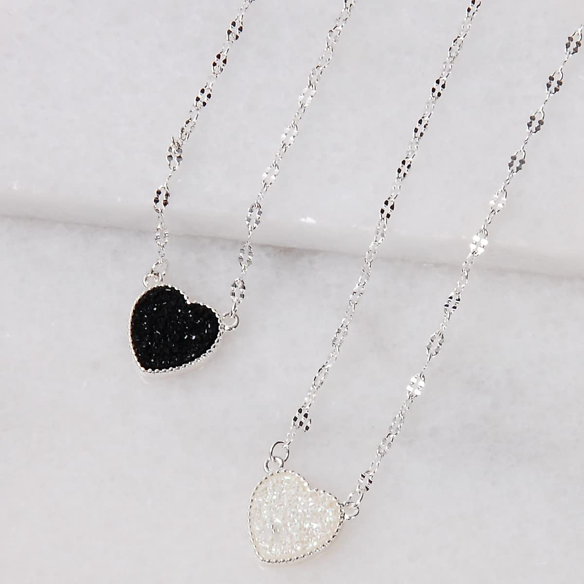 Humble Chic NY Black Heart Necklace, Silver Tone - Women's Preppy Black Necklace, Simulated Druzy Chain, Black Pendant