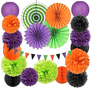 Black Purple Orange-Green Halloween Party-Decorations - 20pcs Paper Lanterns Fans,Tissue Pom Poms,Honeycomb Balls,Hotel Transylvania Hocus Pocus Birthday Baby Bridal Shower Wedding Decor Burgleda