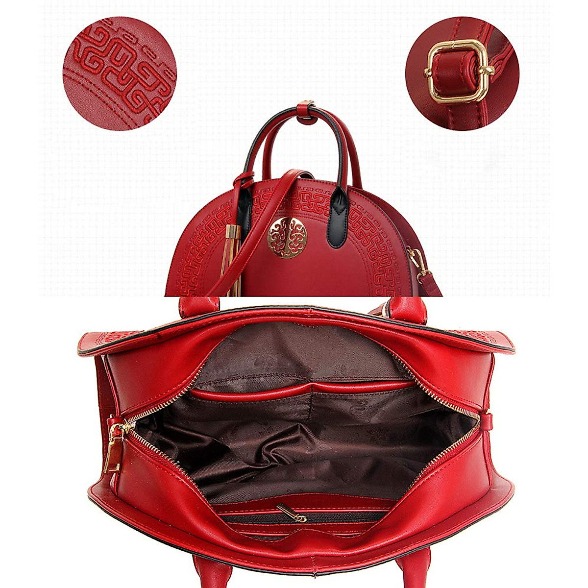 QZUnique Women's PU Embroidery Tassels Ethnic Style Handbag Bride Bag Crossbody Shoulder Bag Red