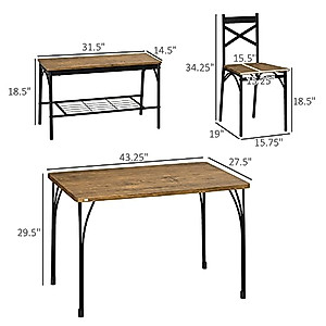 HOMCOM Industrial Dining Table Set for 6 People, 6 Piece Kitchen Table and Chairs Set, Dinner Table with Bench, Steel Frame and Storage Shelf, Dinette Set, Rustic Brown
