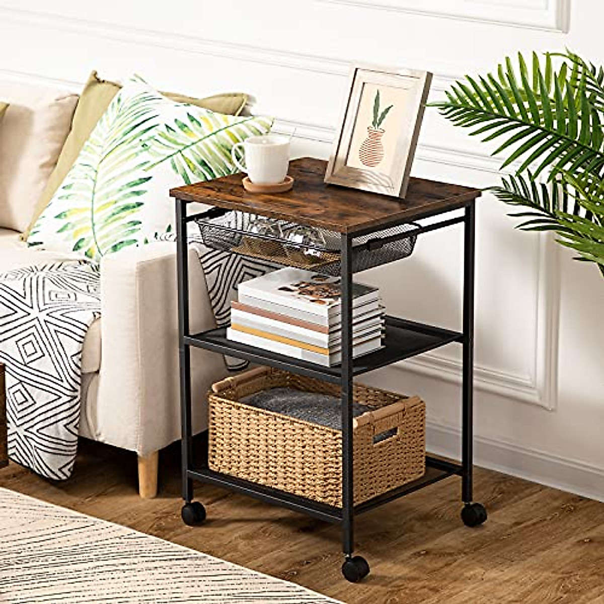 HOOBRO Mobile Printer Stand, 3-Tier Printer Cart with Storage Shelf, Adjustable Metal Mesh Basket, Printer Table on Wheels, Industrial Style in Home Office, Rustic Brown and Black BF23PS01