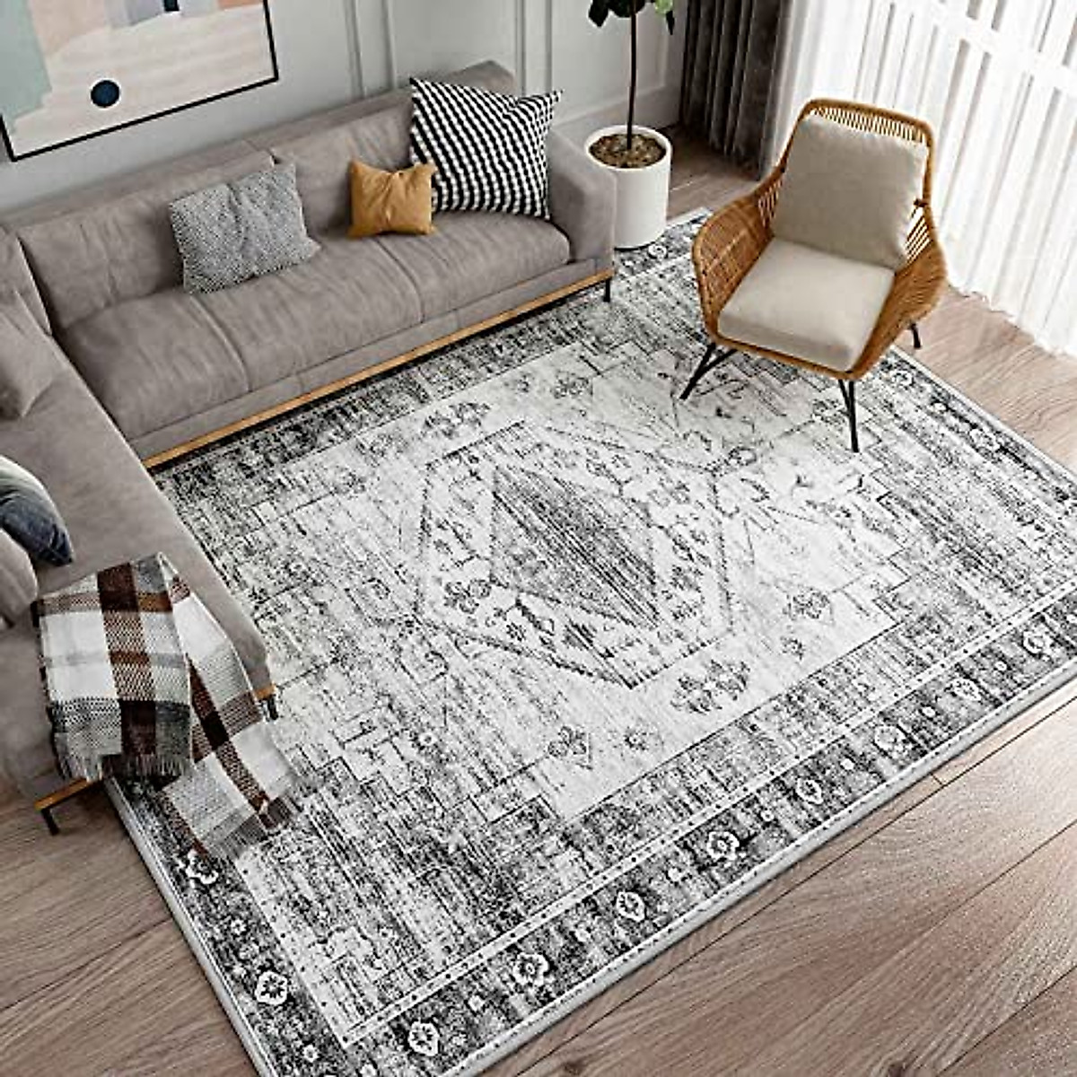 TANVILL Persian Distressed Area Rug 5x7 Machine Washable Rugs for Bedroom, Living Room, Stain Resistant, Non-Slip, Non-Shedding, Grey