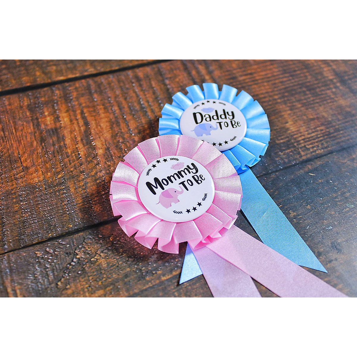 PATICARRY Elephant Themed Tinplate Badge Set, Light Pink and Blue Satin, Perfect for Baby Shower