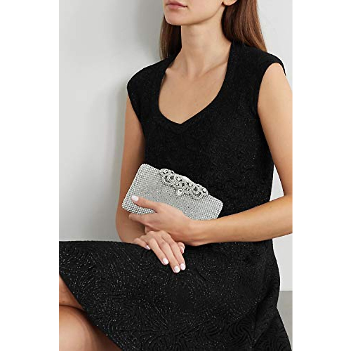 Dexmay Crystal Rhinestone Clutch Bag Diamond Crown Clasp Evening Bag Bling Party Purse Silver