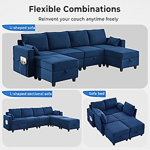 Unovivy 112.6" Modular Sectional Sofa, Convertible U Shaped Module Storage Reversible Ottomans, 6 Seater Corduroy Velvet Couch for Living Room, Blue