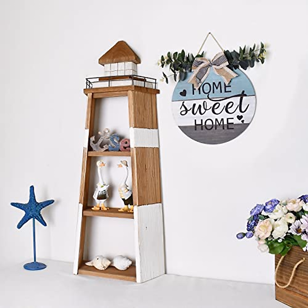 Wooden Lighthouse Shelf Nautical Beach Home Room Decoration, 31.1" H Display Light House Free Standing & Wall Mounted Rustic Lighthouse Shelves for Bathroom Bedroom Living Room Party Decoration